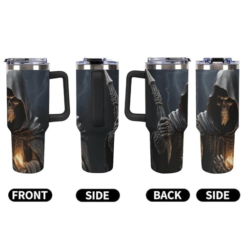 LLUTSNTH 40 Oz Vacuum Tumbler with Black Handle Leakproof Insulated Tumbler Grim-Reaper Stainless Steel Travel Mug with Lid And Straw Coffee Cup Cute Water Bottles Cup Holder Friendly