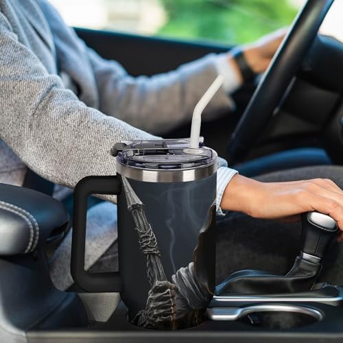 LLUTSNTH 40 Oz Vacuum Tumbler with Black Handle Leakproof Insulated Tumbler Grim-Reaper Stainless Steel Travel Mug with Lid And Straw Coffee Cup Cute Water Bottles Cup Holder Friendly