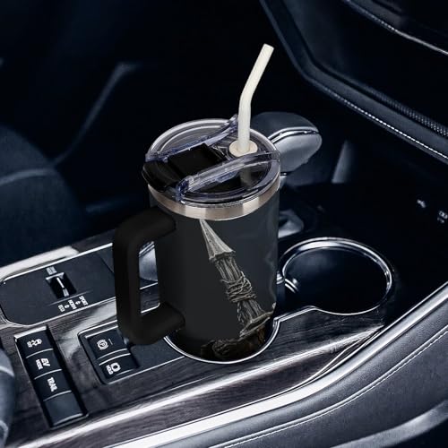 LLUTSNTH 40 Oz Vacuum Tumbler with Black Handle Leakproof Insulated Tumbler Grim-Reaper Stainless Steel Travel Mug with Lid And Straw Coffee Cup Cute Water Bottles Cup Holder Friendly