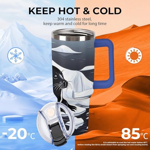 LLUTSNTH 40 Oz Vacuum Tumbler with Deep Blue Handle Leakproof Insulated Tumbler Seals on Ice Stainless Steel Travel Mug with Lid And Straw Coffee Cup Cute Water Bottles Cup Holder Friendly