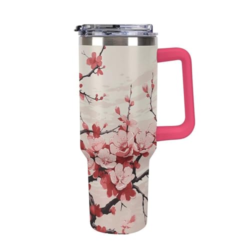 40 Oz Vacuum Tumbler with Light Rose Red Handle Leakproof Insulated Tumbler Japanese Floral Cherry Blossom Stainless Steel Travel Mug with Lid And Straw Coffee Cup Cute Water Bottles Cup Holder Friend