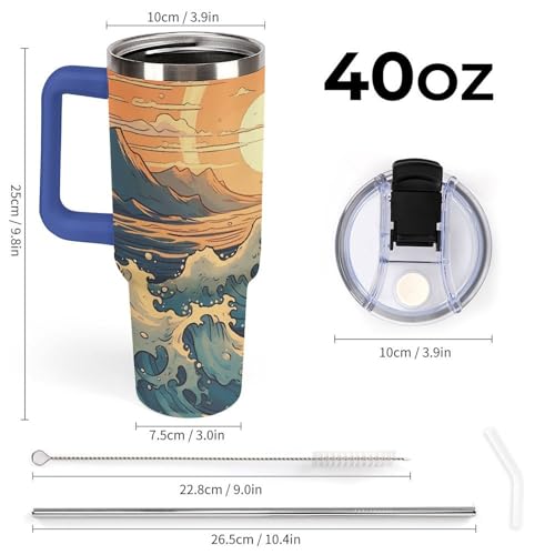 LLUTSNTH 40 Oz Vacuum Tumbler with Deep Blue Handle Leakproof Insulated Tumbler Anime Style Cat Stainless Steel Travel Mug with Lid And Straw Coffee Cup Cute Water Bottles Cup Holder Friendly