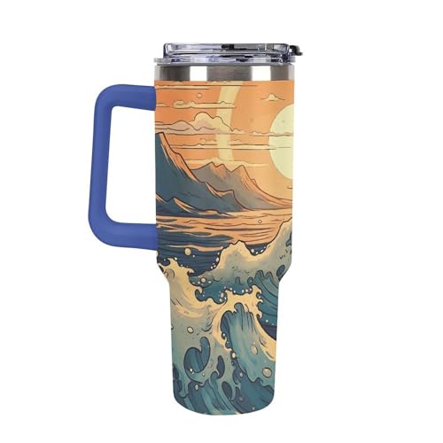 LLUTSNTH 40 Oz Vacuum Tumbler with Deep Blue Handle Leakproof Insulated Tumbler Anime Style Cat Stainless Steel Travel Mug with Lid And Straw Coffee Cup Cute Water Bottles Cup Holder Friendly