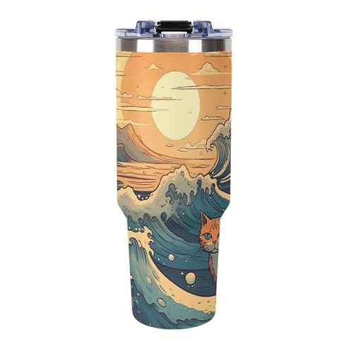 LLUTSNTH 40 Oz Vacuum Tumbler with Deep Blue Handle Leakproof Insulated Tumbler Anime Style Cat Stainless Steel Travel Mug with Lid And Straw Coffee Cup Cute Water Bottles Cup Holder Friendly