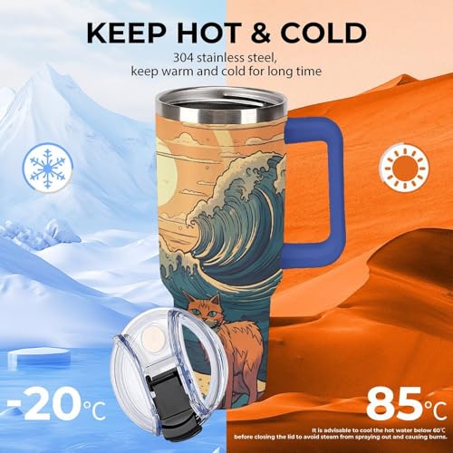 LLUTSNTH 40 Oz Vacuum Tumbler with Deep Blue Handle Leakproof Insulated Tumbler Anime Style Cat Stainless Steel Travel Mug with Lid And Straw Coffee Cup Cute Water Bottles Cup Holder Friendly