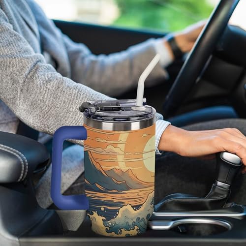 LLUTSNTH 40 Oz Vacuum Tumbler with Deep Blue Handle Leakproof Insulated Tumbler Anime Style Cat Stainless Steel Travel Mug with Lid And Straw Coffee Cup Cute Water Bottles Cup Holder Friendly