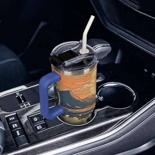LLUTSNTH 40 Oz Vacuum Tumbler with Deep Blue Handle Leakproof Insulated Tumbler Anime Style Cat Stainless Steel Travel Mug with Lid And Straw Coffee Cup Cute Water Bottles Cup Holder Friendly