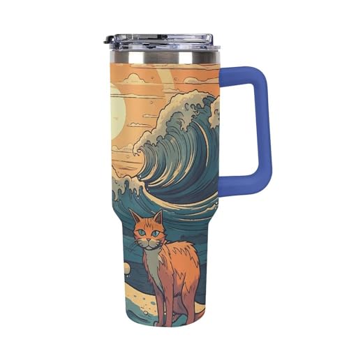 LLUTSNTH 40 Oz Vacuum Tumbler with Deep Blue Handle Leakproof Insulated Tumbler Anime Style Cat Stainless Steel Travel Mug with Lid And Straw Coffee Cup Cute Water Bottles Cup Holder Friendly