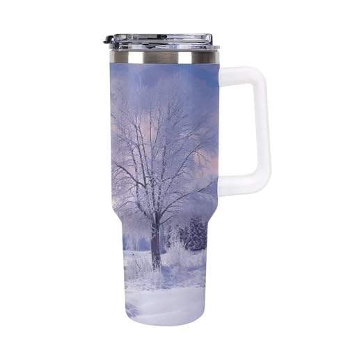 LLUTSNTH 40 Oz Vacuum Tumbler with White Handle Leakproof Insulated Tumbler Winter Landscape Stainless Steel Travel Mug with Lid And Straw Coffee Cup Cute Water Bottles Cup Holder Friendly
