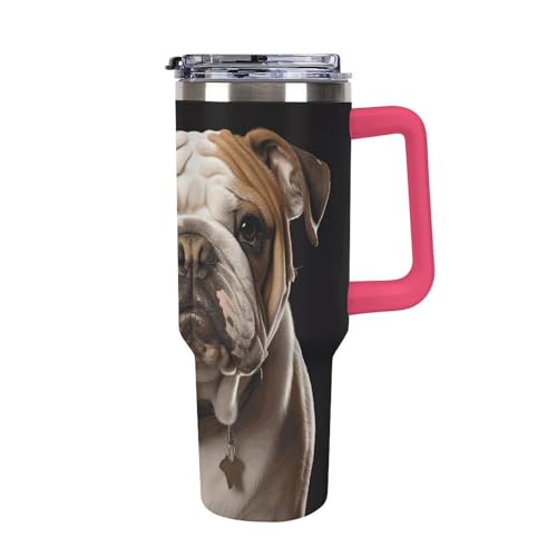 LLUTSNTH 40 Oz Vacuum Tumbler with Light Rose Red Handle Leakproof Insulated Tumbler English-Bulldog Stainless Steel Travel Mug with Lid And Straw Coffee Cup Cute Water Bottles Cup Holder Friendly