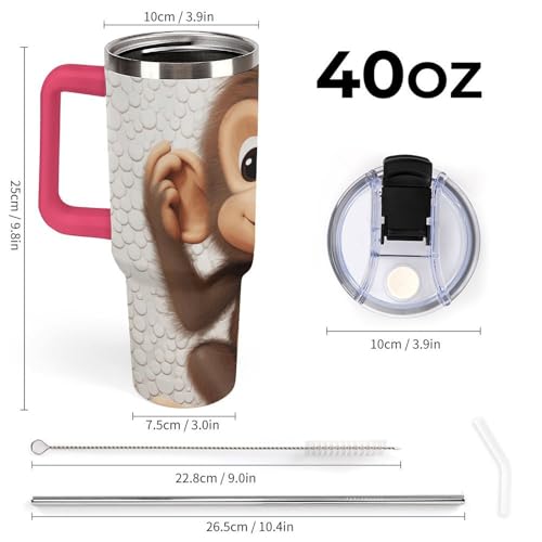 LLUTSNTH 40 Oz Vacuum Tumbler with Light Rose Red Handle Leakproof Insulated Tumbler Cute Monkey Stainless Steel Travel Mug with Lid And Straw Coffee Cup Cute Water Bottles Cup Holder Friendly