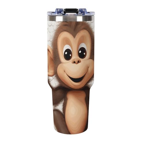 LLUTSNTH 40 Oz Vacuum Tumbler with Light Rose Red Handle Leakproof Insulated Tumbler Cute Monkey Stainless Steel Travel Mug with Lid And Straw Coffee Cup Cute Water Bottles Cup Holder Friendly
