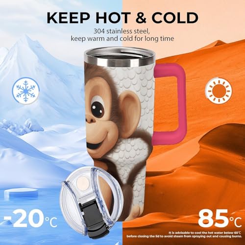 LLUTSNTH 40 Oz Vacuum Tumbler with Light Rose Red Handle Leakproof Insulated Tumbler Cute Monkey Stainless Steel Travel Mug with Lid And Straw Coffee Cup Cute Water Bottles Cup Holder Friendly