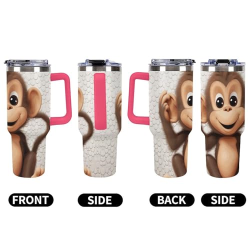 LLUTSNTH 40 Oz Vacuum Tumbler with Light Rose Red Handle Leakproof Insulated Tumbler Cute Monkey Stainless Steel Travel Mug with Lid And Straw Coffee Cup Cute Water Bottles Cup Holder Friendly