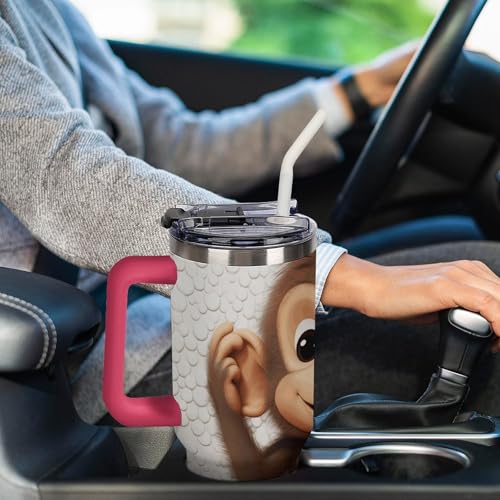 LLUTSNTH 40 Oz Vacuum Tumbler with Light Rose Red Handle Leakproof Insulated Tumbler Cute Monkey Stainless Steel Travel Mug with Lid And Straw Coffee Cup Cute Water Bottles Cup Holder Friendly