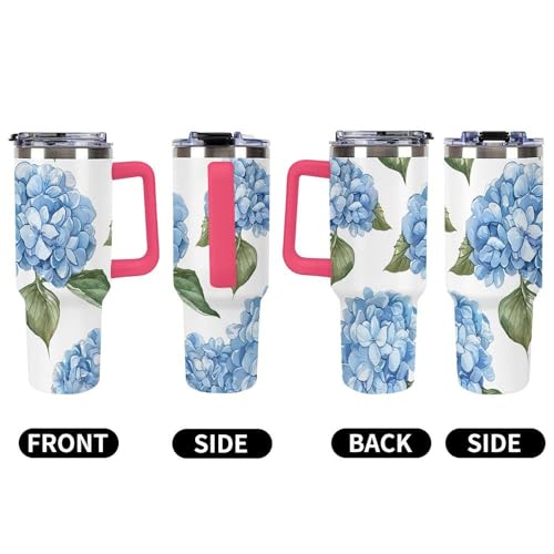 40 Oz Vacuum Tumbler with Light Rose Red Handle Leakproof Insulated Tumbler Blue Hydrangea Pattern Stainless Steel Travel Mug with Lid And Straw Coffee Cup Cute Water Bottles Cup Holder Friendly