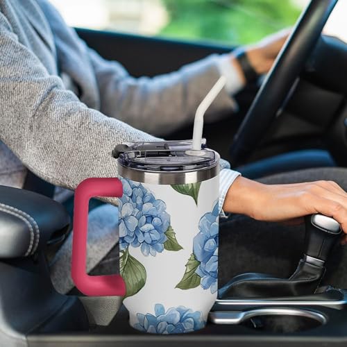 40 Oz Vacuum Tumbler with Light Rose Red Handle Leakproof Insulated Tumbler Blue Hydrangea Pattern Stainless Steel Travel Mug with Lid And Straw Coffee Cup Cute Water Bottles Cup Holder Friendly