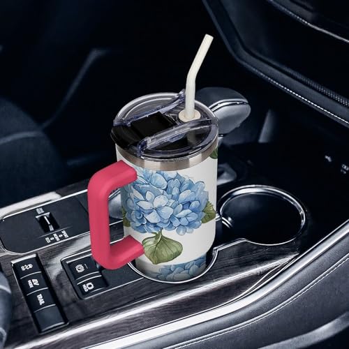 40 Oz Vacuum Tumbler with Light Rose Red Handle Leakproof Insulated Tumbler Blue Hydrangea Pattern Stainless Steel Travel Mug with Lid And Straw Coffee Cup Cute Water Bottles Cup Holder Friendly