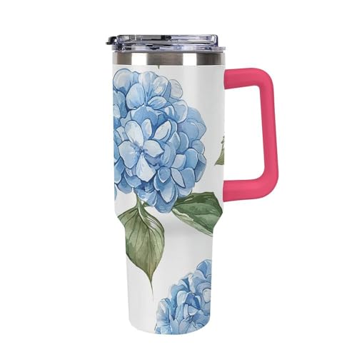40 Oz Vacuum Tumbler with Light Rose Red Handle Leakproof Insulated Tumbler Blue Hydrangea Pattern Stainless Steel Travel Mug with Lid And Straw Coffee Cup Cute Water Bottles Cup Holder Friendly