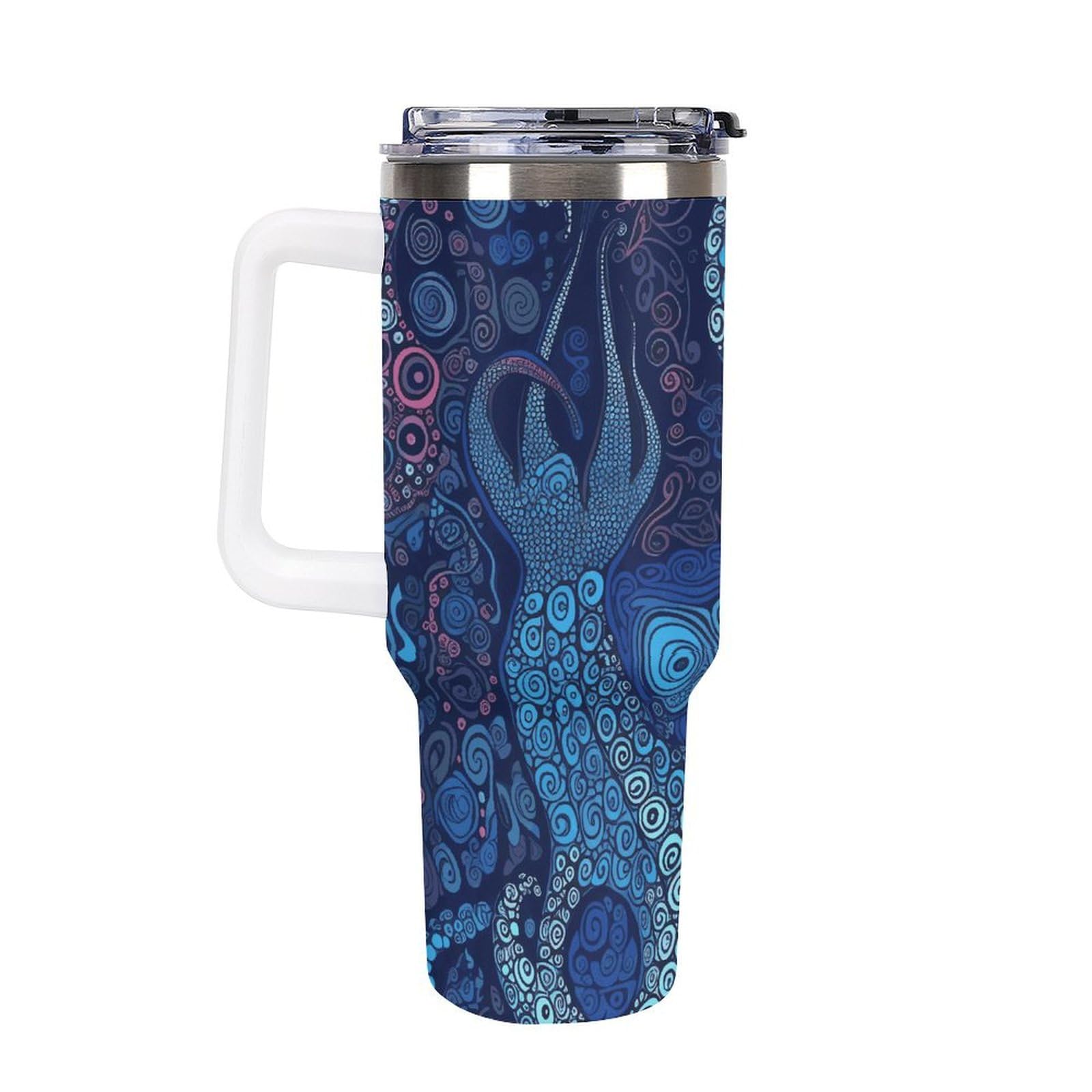 LLUTSNTH 40 Oz Vacuum Tumbler with White Handle Leakproof Insulated Tumbler Blue Octopus Stainless Steel Travel Mug with Lid And Straw Coffee Cup Cute Water Bottles Cup Holder Friendly