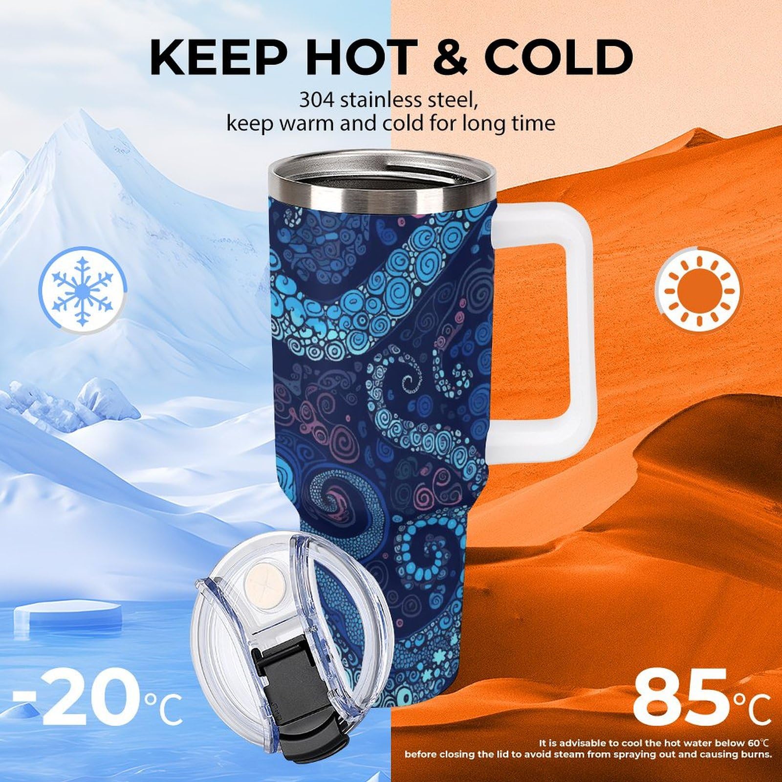LLUTSNTH 40 Oz Vacuum Tumbler with White Handle Leakproof Insulated Tumbler Blue Octopus Stainless Steel Travel Mug with Lid And Straw Coffee Cup Cute Water Bottles Cup Holder Friendly