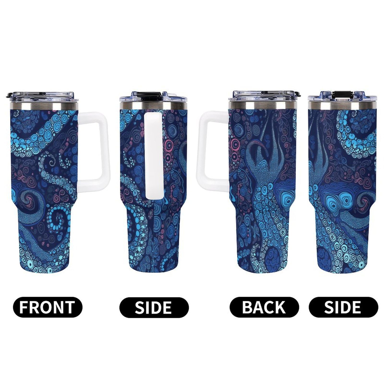 LLUTSNTH 40 Oz Vacuum Tumbler with White Handle Leakproof Insulated Tumbler Blue Octopus Stainless Steel Travel Mug with Lid And Straw Coffee Cup Cute Water Bottles Cup Holder Friendly
