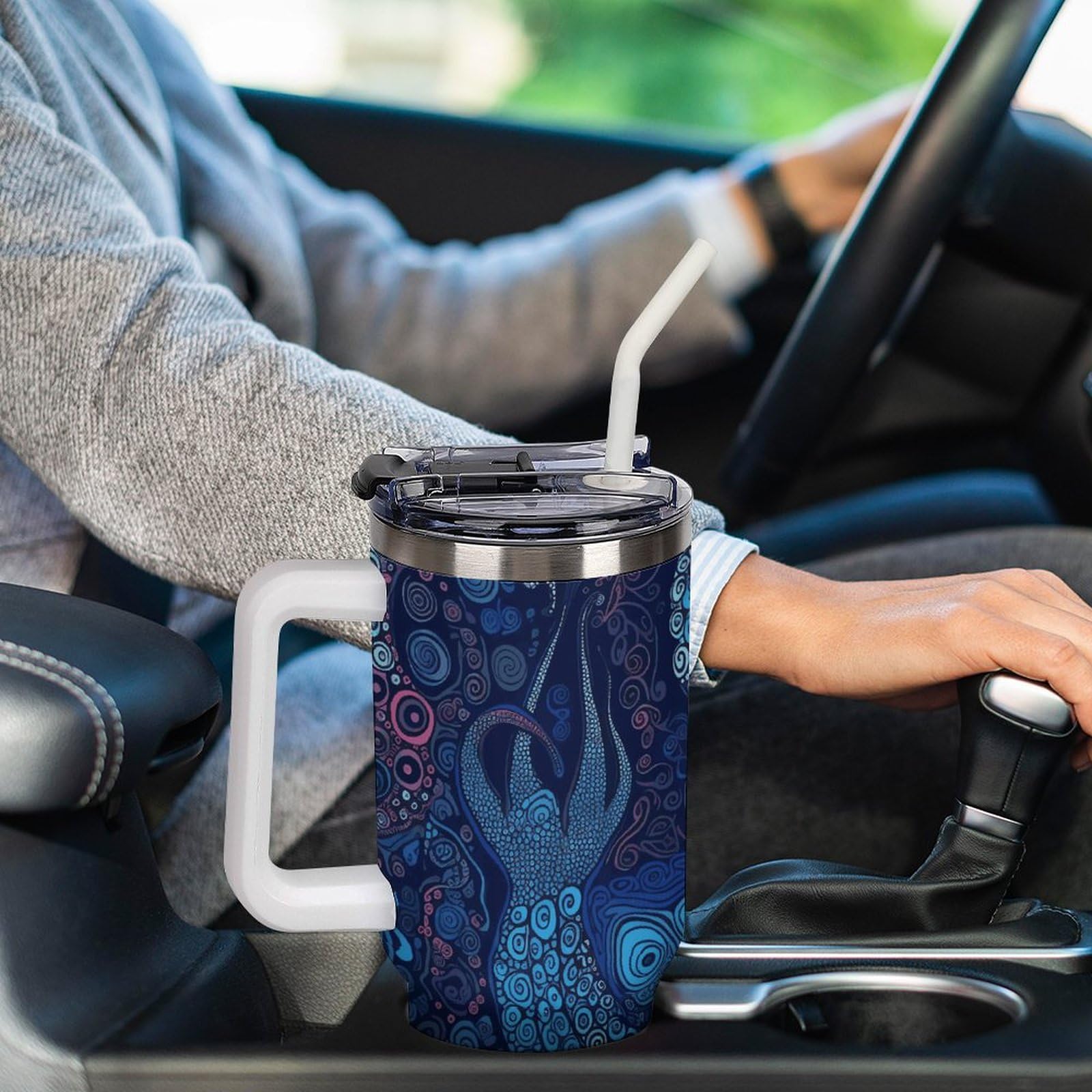 LLUTSNTH 40 Oz Vacuum Tumbler with White Handle Leakproof Insulated Tumbler Blue Octopus Stainless Steel Travel Mug with Lid And Straw Coffee Cup Cute Water Bottles Cup Holder Friendly