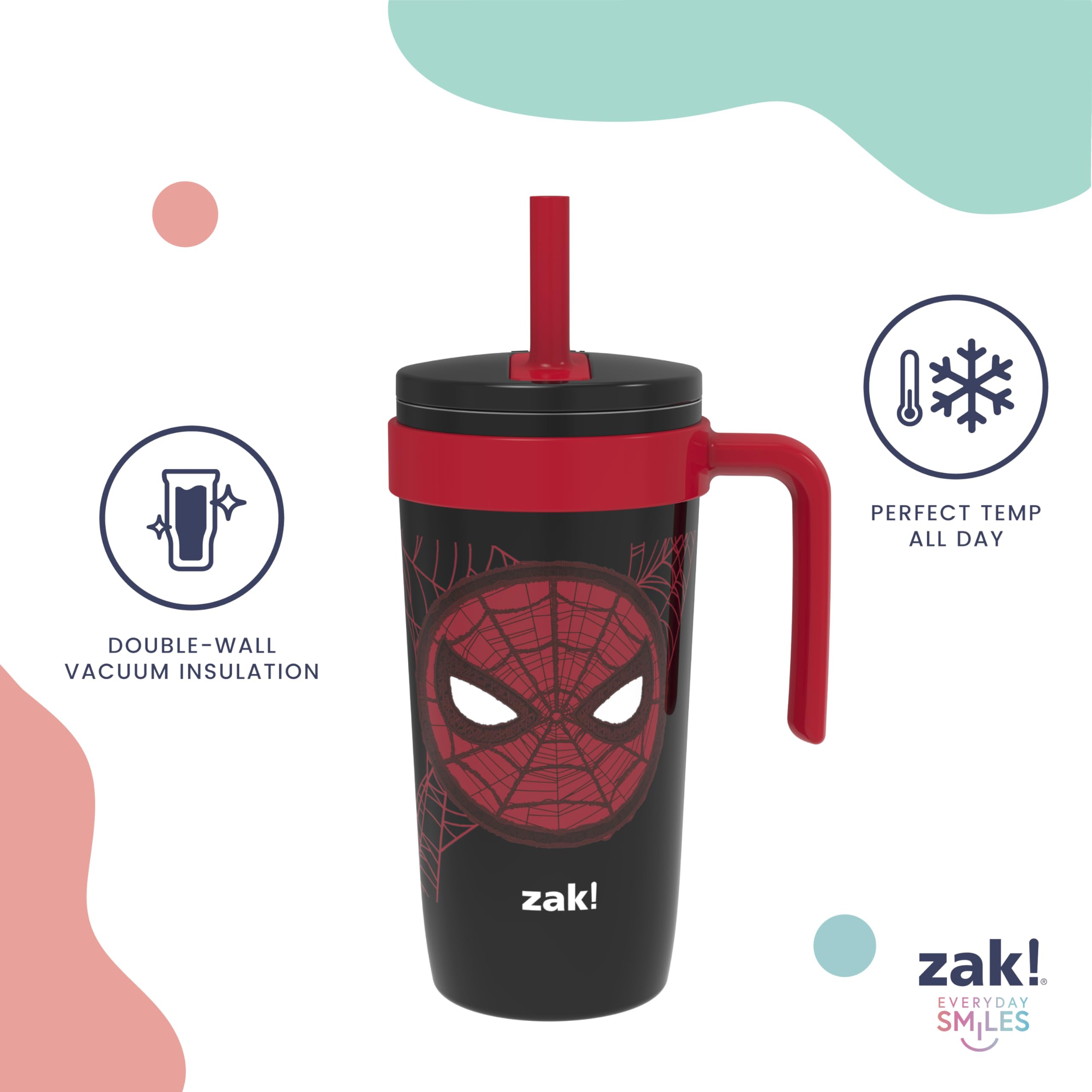 Zak Designs Marvel Fairway Travel Tumbler for On the Go or At Home, 18oz Stainless Steel with Vacuum Insulation, Spillproof Silicone Straw, and Carry Handle for Cold Drinks (Spider-Man)