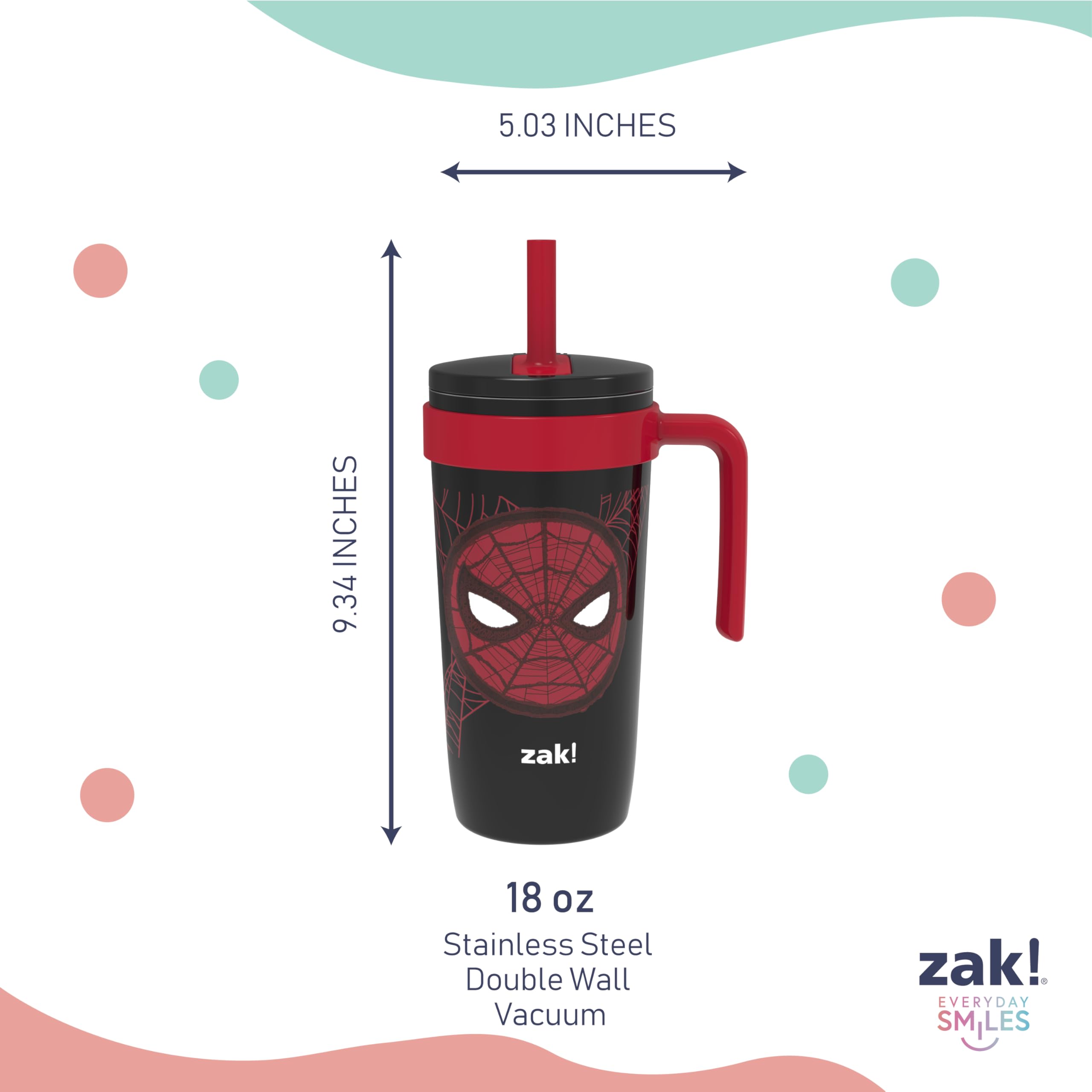 Zak Designs Marvel Fairway Travel Tumbler for On the Go or At Home, 18oz Stainless Steel with Vacuum Insulation, Spillproof Silicone Straw, and Carry Handle for Cold Drinks (Spider-Man)