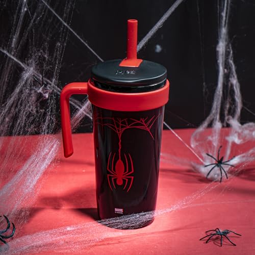 Zak Designs Marvel Fairway Travel Tumbler for On the Go or At Home, 18oz Stainless Steel with Vacuum Insulation, Spillproof Silicone Straw, and Carry Handle for Cold Drinks (Spider-Man)