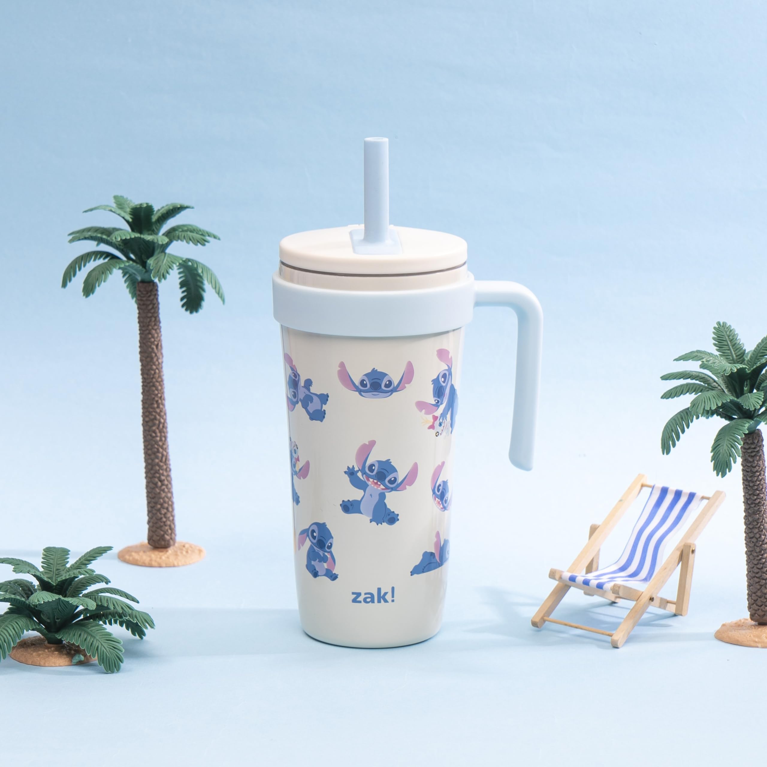 Zak Designs Disney Fairway Travel Tumbler for On the Go or At Home, 18oz Stainless Steel with Vacuum Insulation, Spillproof Silicone Straw, and Carry Handle for Cold Drinks (Stitch)