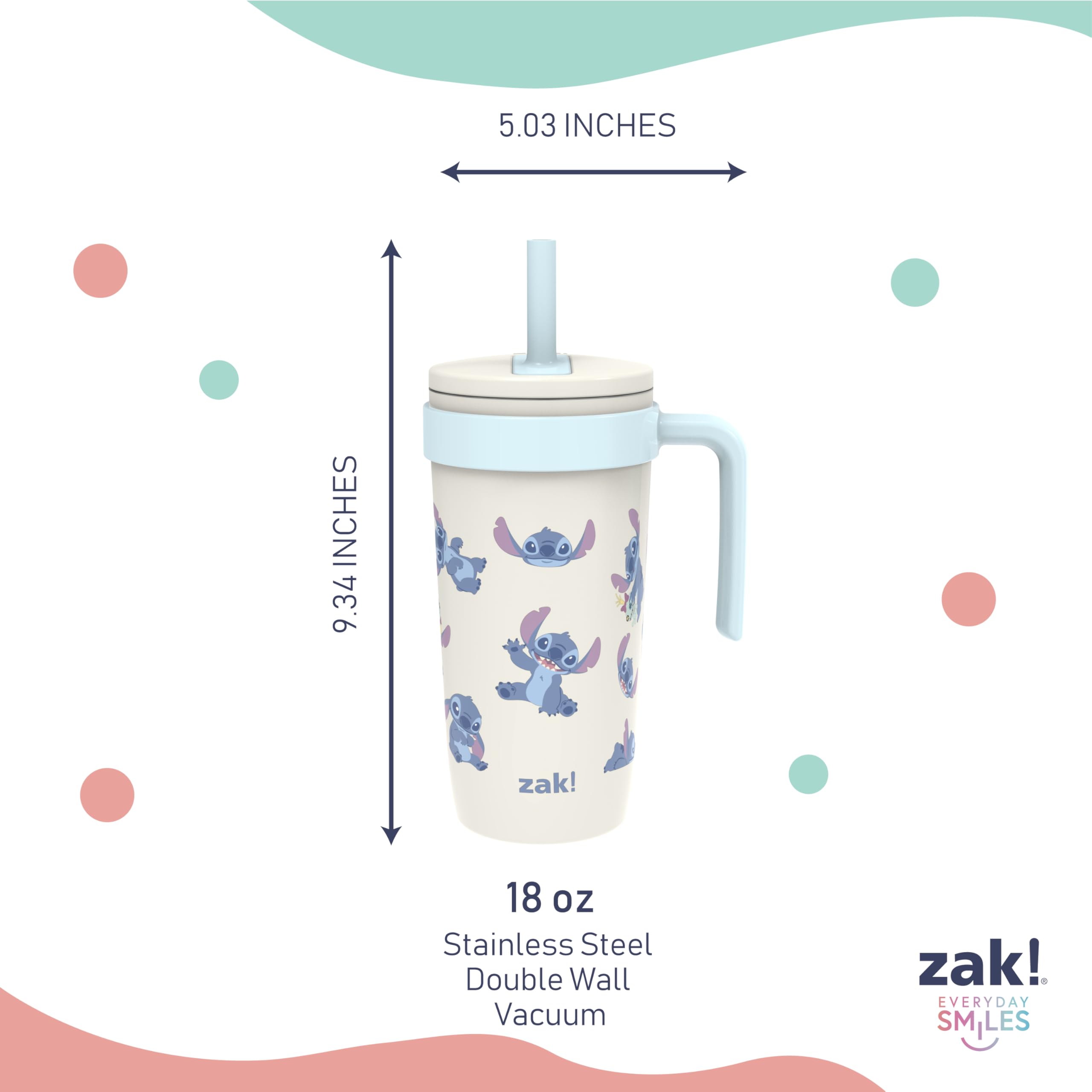 Zak Designs Disney Fairway Travel Tumbler for On the Go or At Home, 18oz Stainless Steel with Vacuum Insulation, Spillproof Silicone Straw, and Carry Handle for Cold Drinks (Stitch)