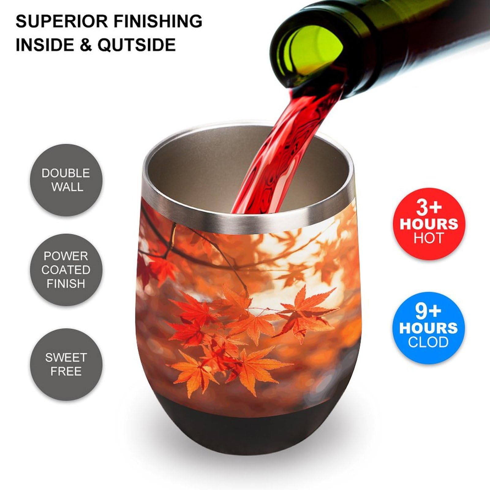 Stainless Steel Insulated Cup, Maple Leaves in The Sun Print 304 Stainless Steel, Smooth Round Rim Ideal for Office, Home, And Gift Giving