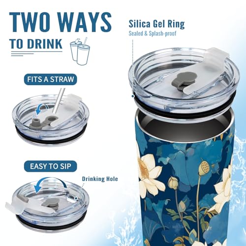 QWEUIOP 20oz Insulated Travel Coffee Mug Vintage Lotus Pattern Stainless Steel Tumbler with Lid Double Wall Vacuum Coffee Cup For Hot and Cold Drinks13953