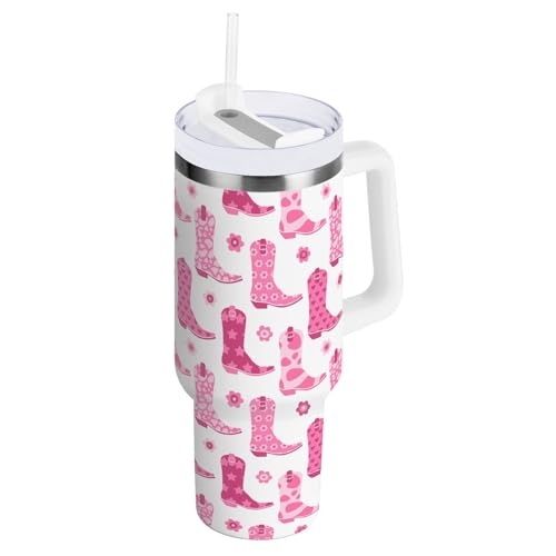 ARGTILDN 40 oz Tumbler Western Cowboy Boots Flowers Insulated Travel Mug with Handle and Straw Lid Stainless Steel Vacuum Coffee Cup Tea Beverage Container Water Bottles for Car Sports office