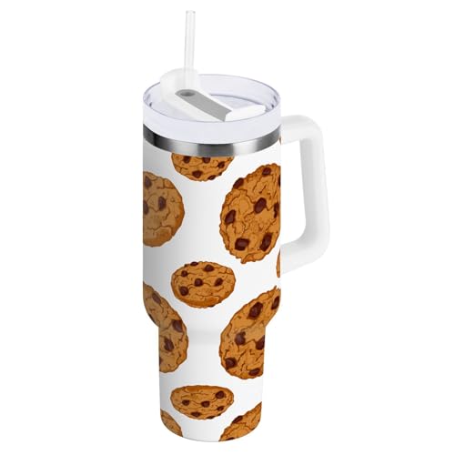 ARGTILDN 40 oz Tumbler Chocolate Chip Cookies Insulated Travel Mug with Handle and Straw Lid Stainless Steel Vacuum Coffee Cup Tea Beverage Container Water Bottles for Car Sports office