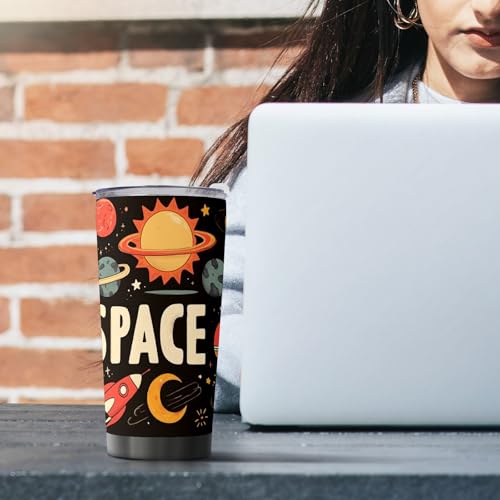 QWEUIOP 20oz Insulated Travel Coffee Mug Cartoon Outer Space Planet Rocket Stainless Steel Tumbler with Lid Double Wall Vacuum Coffee Cup For Hot and Cold Drinks14143