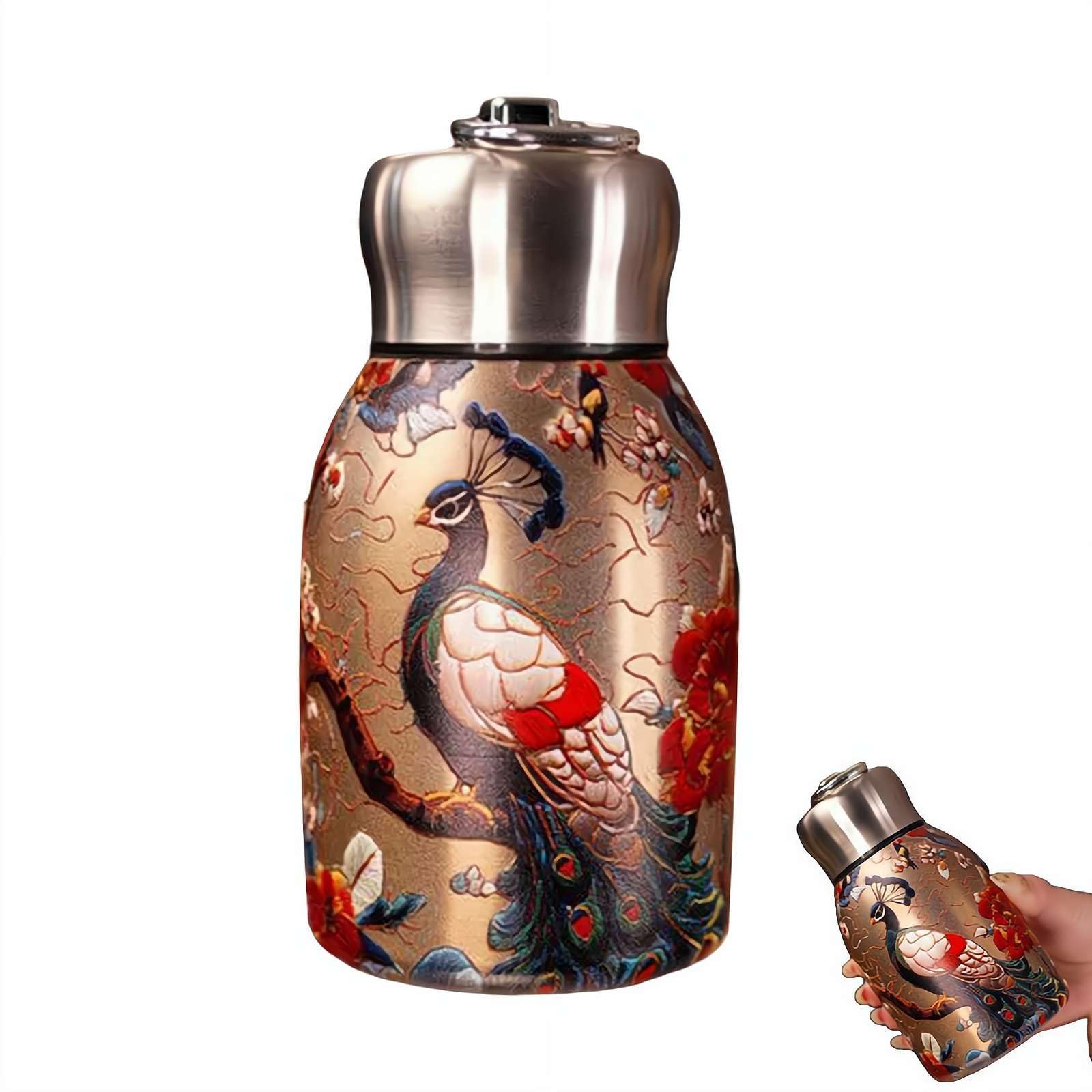 Insulated Tumblers with Lid, Portable Peacock Stainless Steel Vacuum Thermos Cup, Travel Coffee Mug, Leak Proof Double Walled Coffee Tumbler for Iced and Hot Drinks