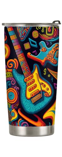 20oz Hippie Electric Guitar, Guitarist, Musician Gifts, Coffee Thermos for Men, Women, Stainless Steel Double Wall Vacuum Insulated Coffee Mug, Travel Cup with Lid
