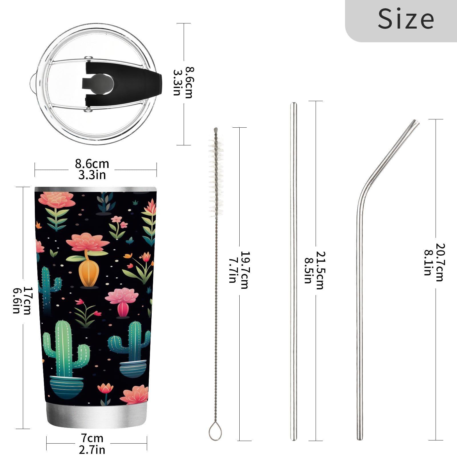 Wassud Cactus Pattern 20 oz Tumbler with Lid and Straw Stainless Steel Double Wall Vacuum Tumblers Insulated Travel Coffee Mug for Cold and Hot Drinks