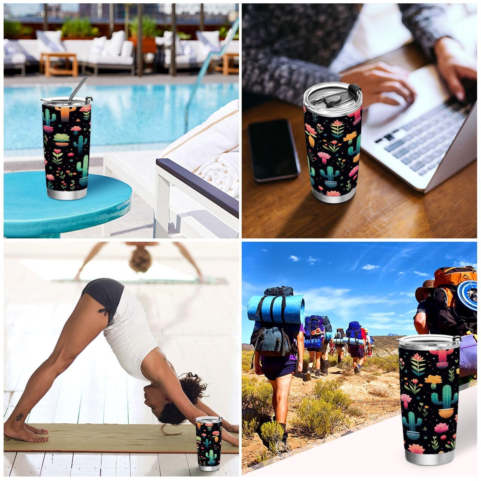 Wassud Cactus Pattern 20 oz Tumbler with Lid and Straw Stainless Steel Double Wall Vacuum Tumblers Insulated Travel Coffee Mug for Cold and Hot Drinks