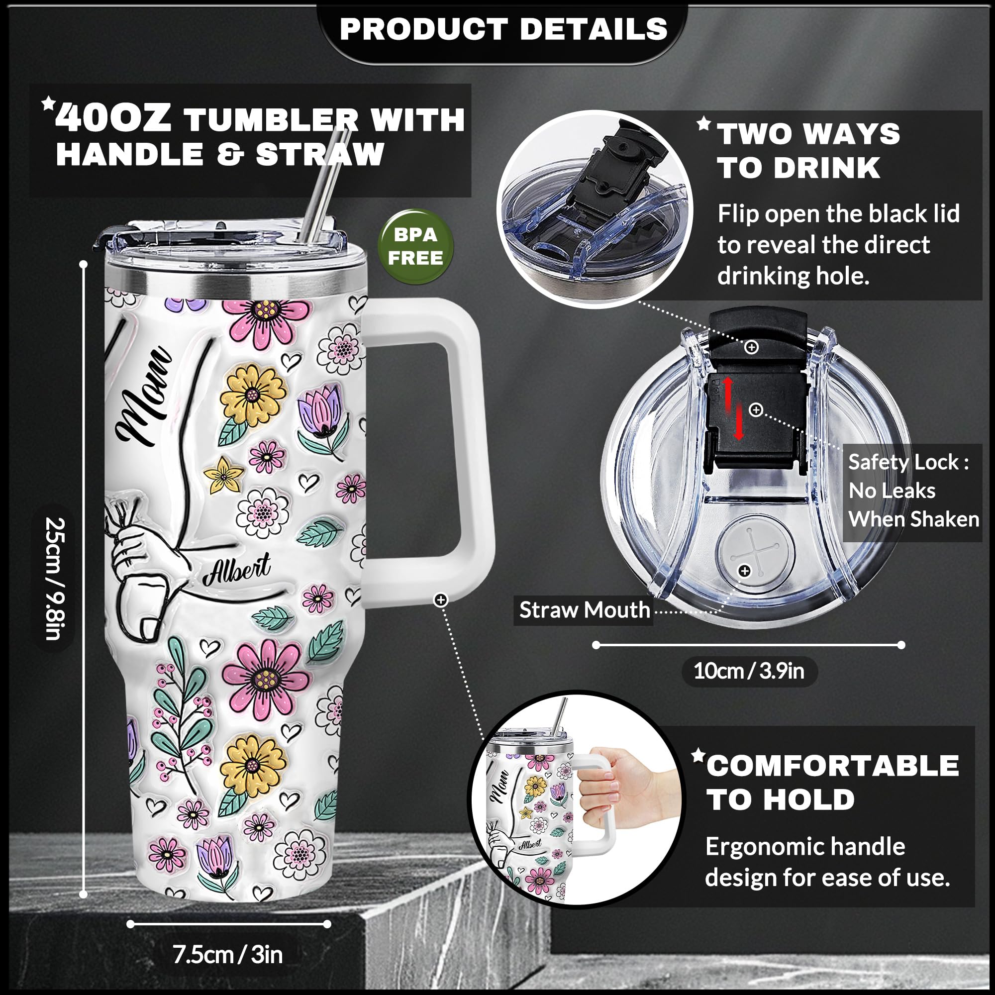 BMYDIY Mothers Day Birthday Gift for Mom Grandma, Personalized 40 Oz Tumbler with Handle and Straw, Custom Extra Large Stainless Steel Insulated Cup Coffee Mug Travel Mug with Name