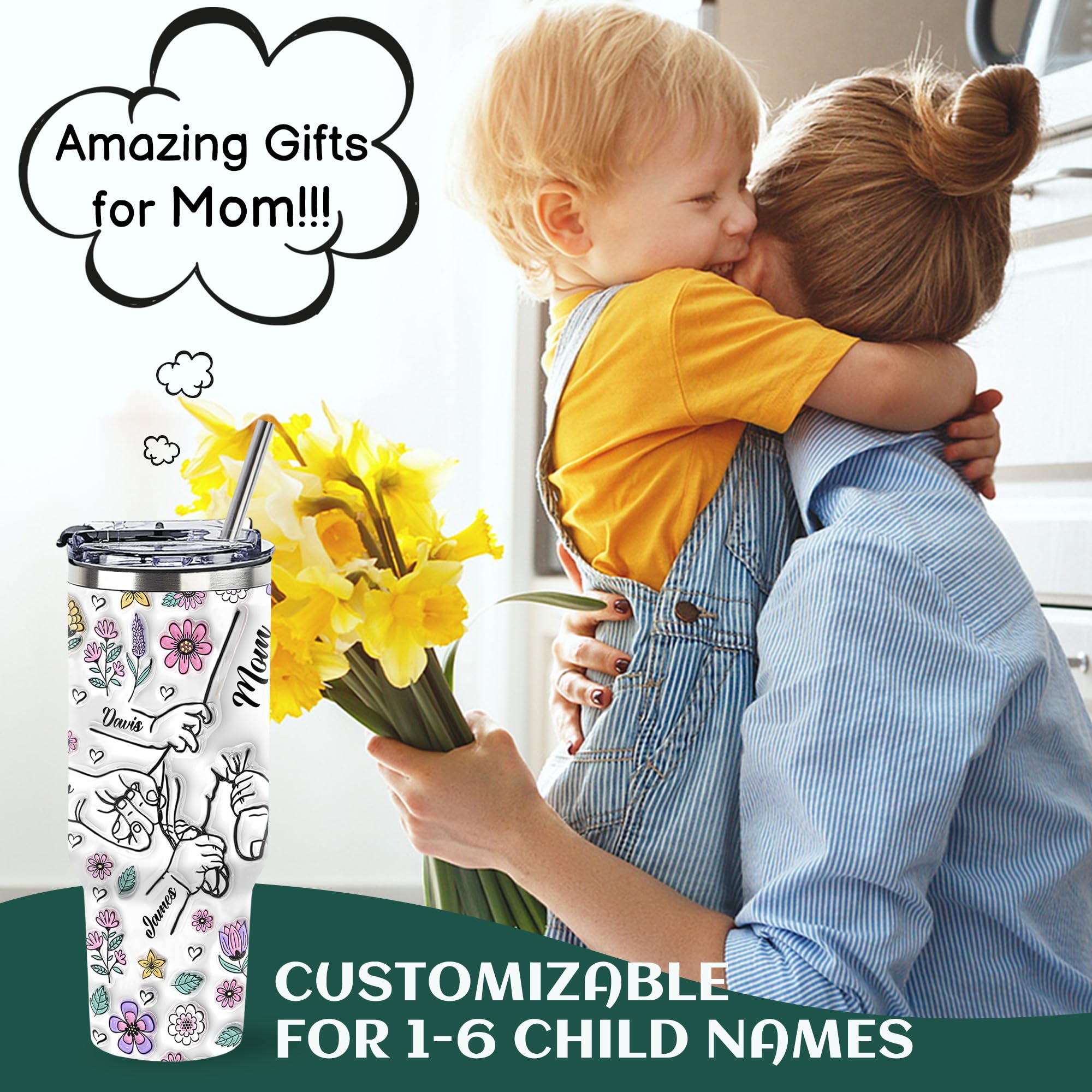 BMYDIY Mothers Day Birthday Gift for Mom Grandma, Personalized 40 Oz Tumbler with Handle and Straw, Custom Extra Large Stainless Steel Insulated Cup Coffee Mug Travel Mug with Name