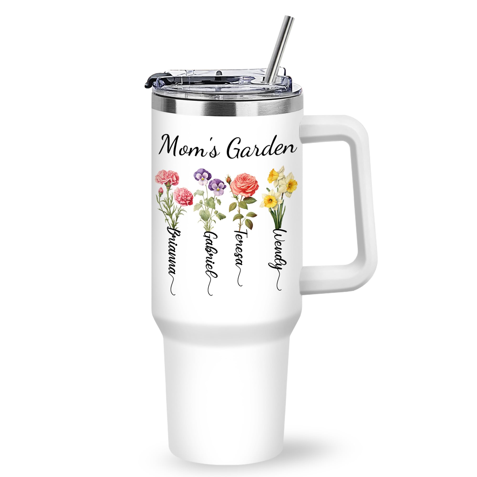 BMYDIY Mothers Day Birthday Gift for Mom Grandma, Personalized 40 Oz Tumbler with Handle and Straw, Customizable Extra Large Stainless Steel Insulated Cup Coffee Mug Travel Mug with Name Birth Flower