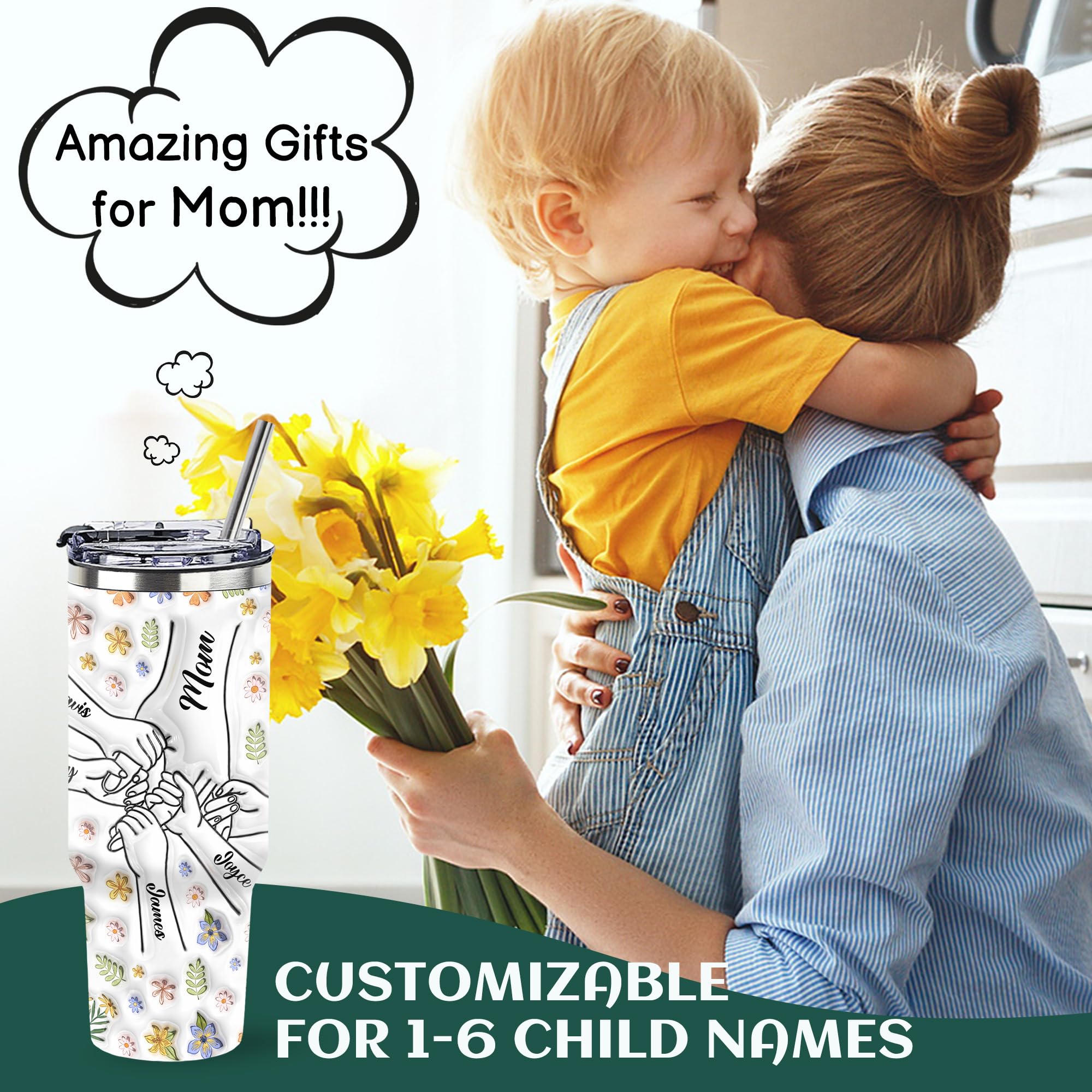 BMYDIY Mothers Day Birthday Gift for Mom Grandma, Personalized 40 Oz Tumbler with Handle and Straw, Custom Extra Large Stainless Steel Insulated Cup Travel Mug Coffee Mug with Name
