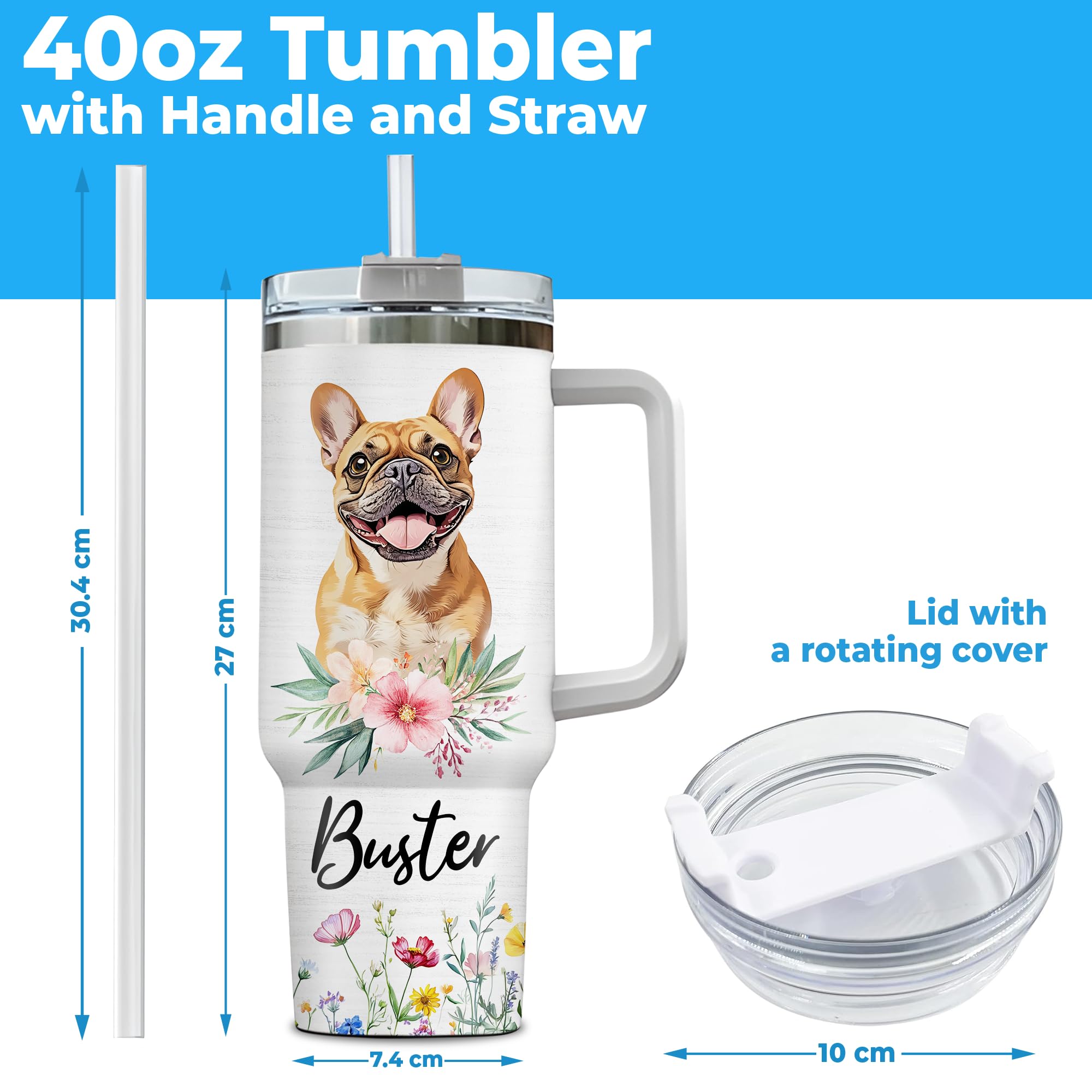 Hyturtle Personalized Dog Mom Gifts For Women on Mothers Day Birthday, 40oz Tumbler with Handle and Straw for Dog Lovers, Best Gift Idea for Fur Mama Custom Photo Stainless Steel Travel Cup With Lid