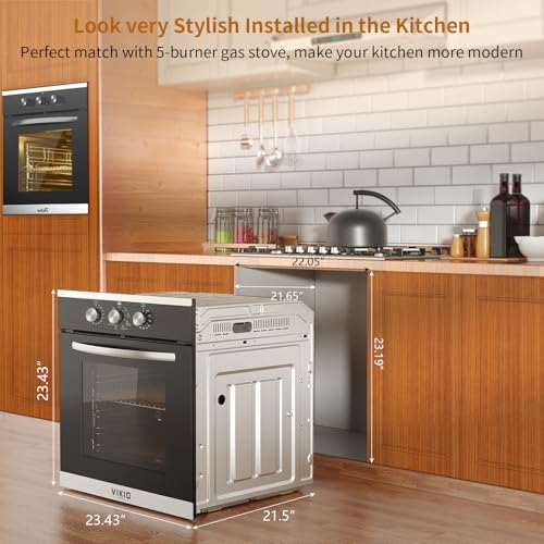 24'Electric Single Wall Oven with 2 Racks 2.6 cu. ft., 8 Functions, Built-in Wall Oven Mechanical Knob, 360°Rotisserie, 220V 3220W True Convection Wall Oven, Safety Lock, Timer, 304 Stainless