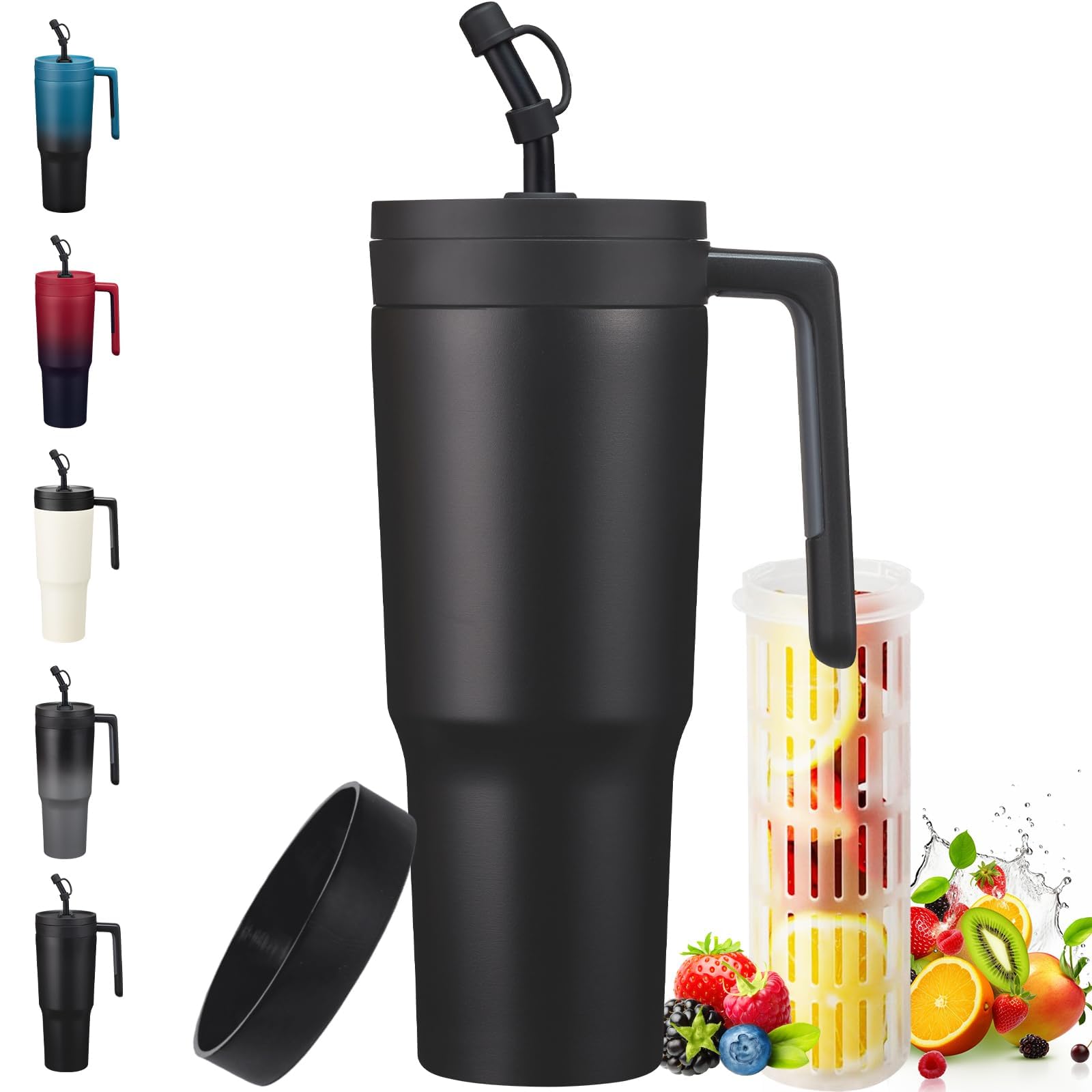 VICKNIY Tumbler with Handle Fruit Infuser - 40 OZ Insulated Tumblers with Lid, Straw Cover, Protective Boot, Leak-proof Travel Tumbler for Coffee, Fruit Tea Infuser Bottle Water Cup for Work Gym
