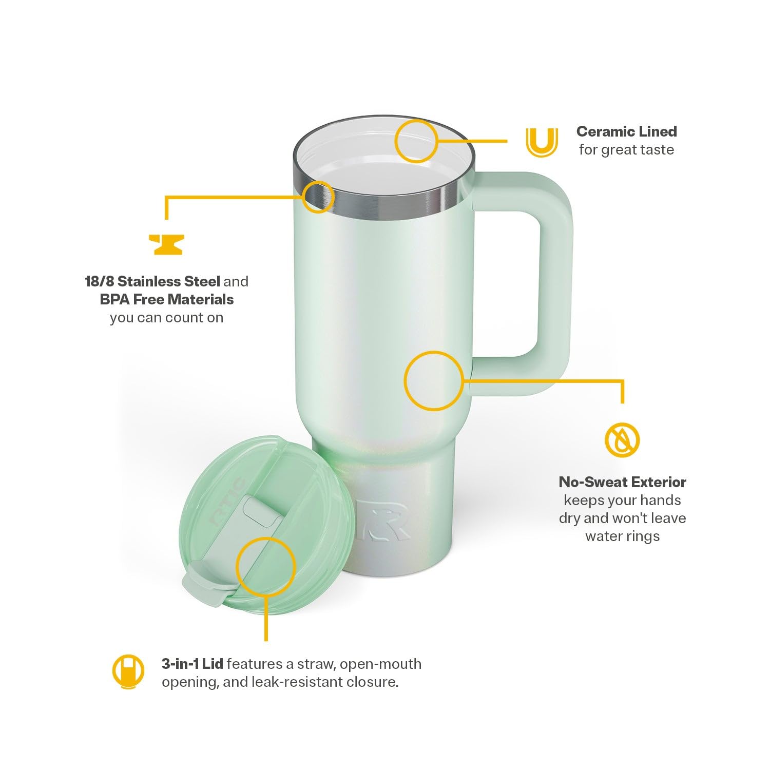 RTIC 30 oz Road Trip Tumbler Double-Walled Insulated Stainless Steel Portable Travel Coffee Mug Cup with Lid, Handle and Straw, Fresh Mint Glitter