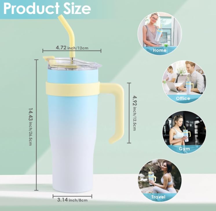 Zen Living 40oz Tumbler with Handle and Straw|100% Leakproof|Made of Stainless Steel and Double Vacuum Sealed|Cup Friendly Base |BPA Free|Assorted Colors (Rainbow)